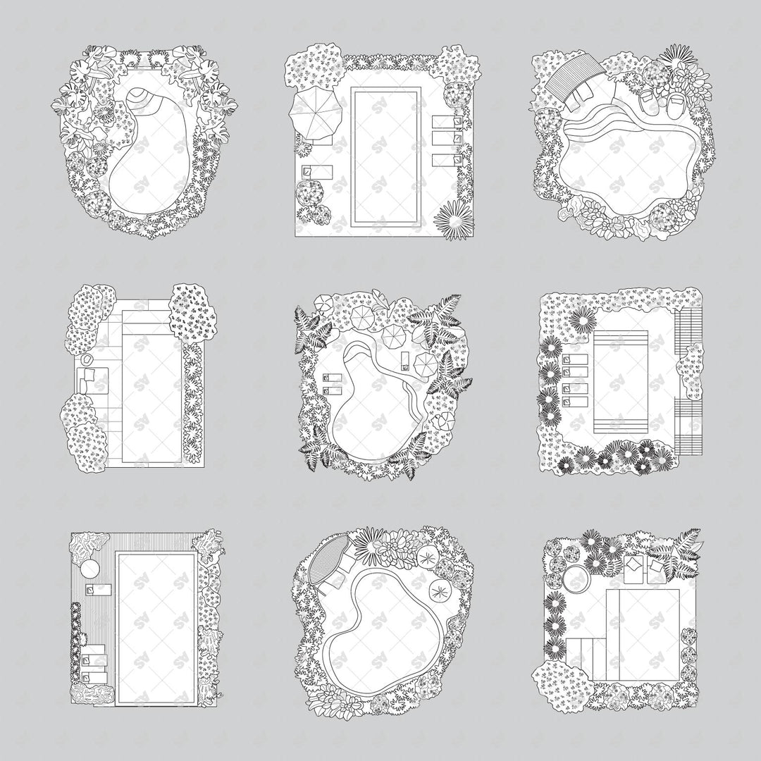 CAD, Vector, PNG Swimming Pools in Top View in Color and B/W – Studio ...