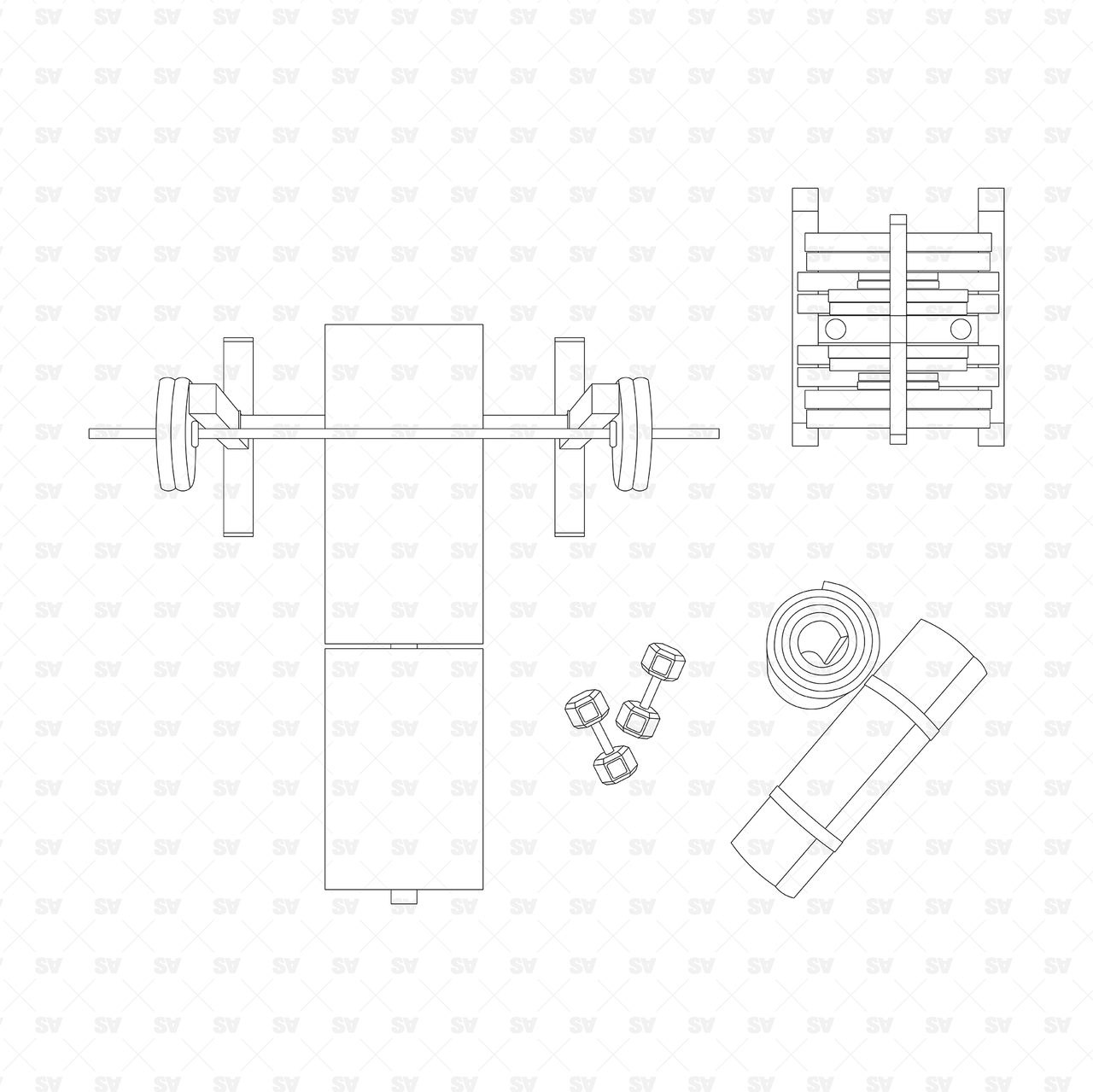 Top-View Gym Equipment – CAD & Vector Line Drawings – Studio Alternativi