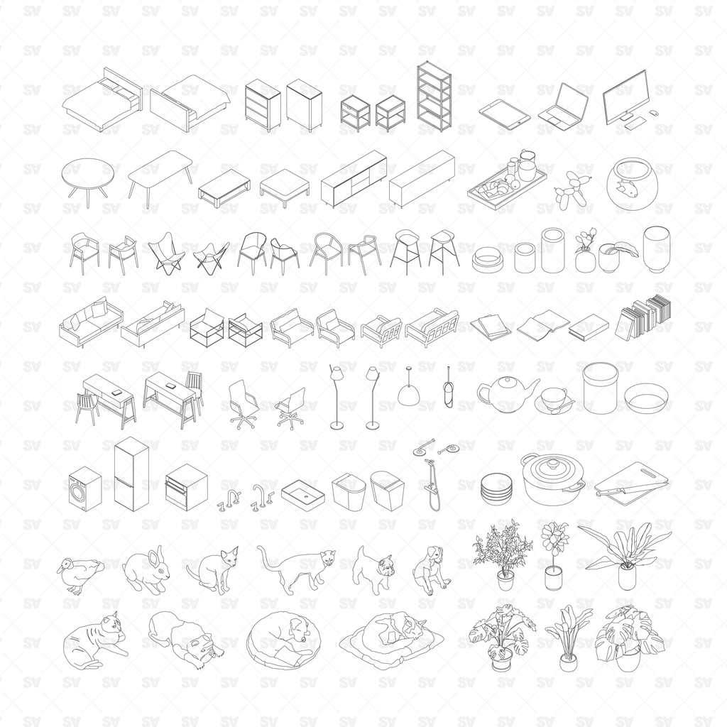 Isometric Furniture, Animals and Plants | AI PNG DWG | Architecture ...